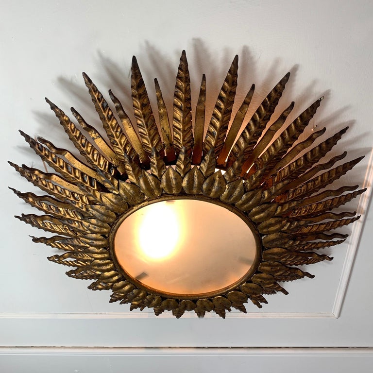 1950s Spanish Gilt Sunburst Ceiling Light For Sale at 1stDibs