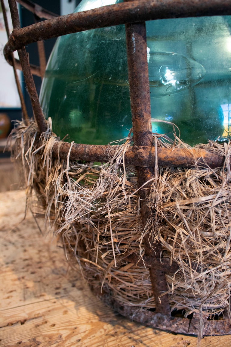 1950s Spanish Glass Blown Wine Demijohn in its Iron Basket Cover at 1stDibs