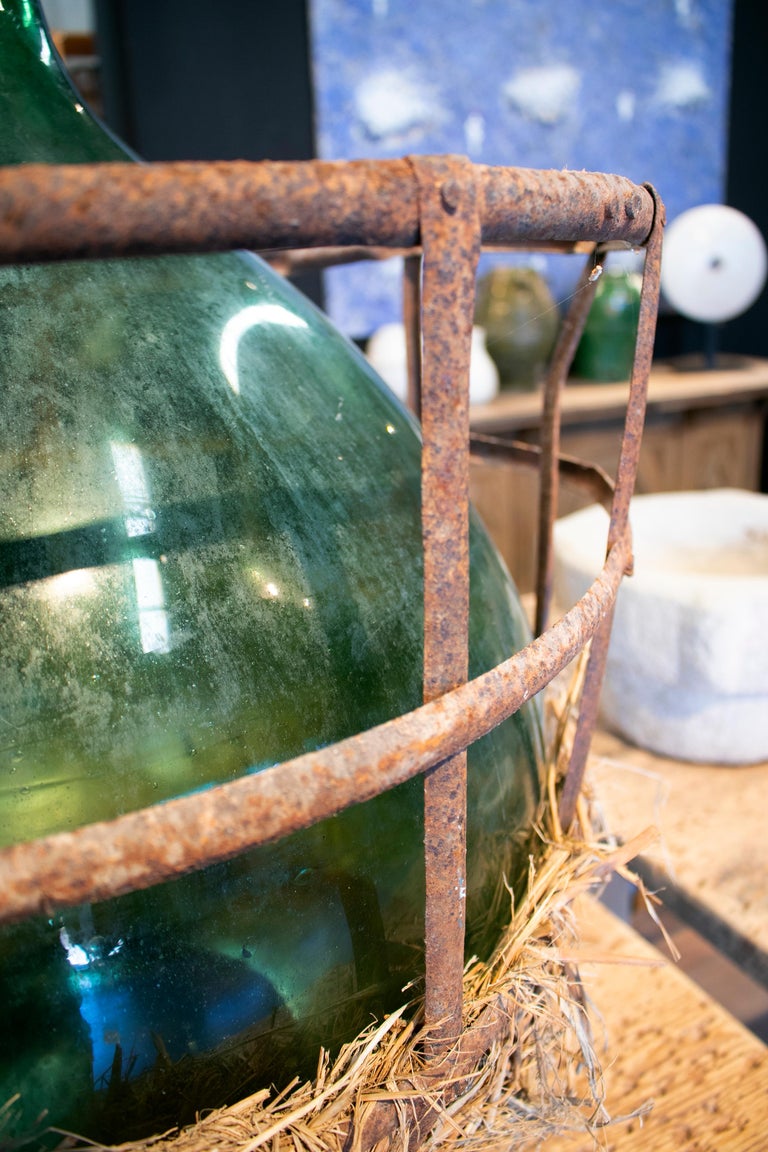 1950s Spanish Glass Blown Wine Demijohn in its Iron Basket Cover at 1stDibs