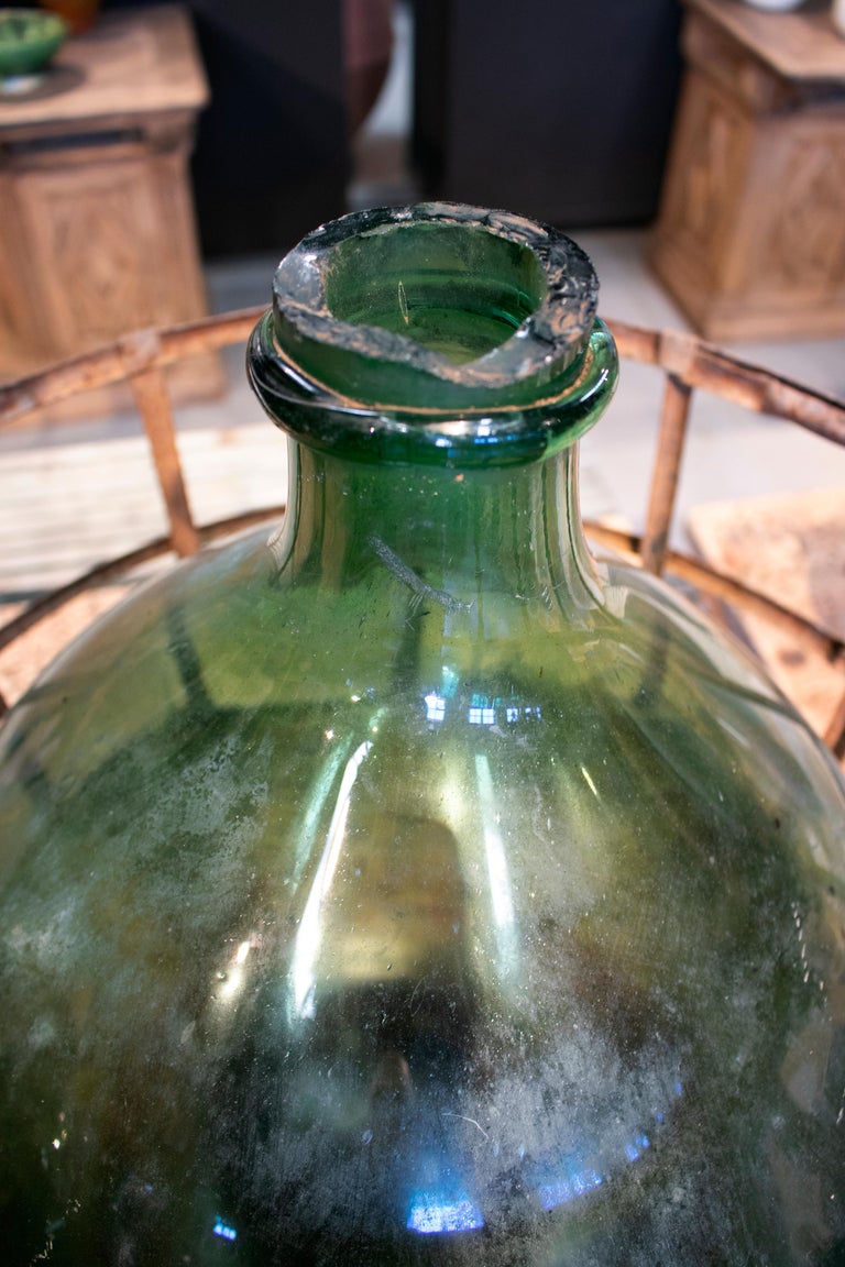 1950s Spanish Glass Blown Wine Demijohn in its Iron Basket Cover at 1stDibs