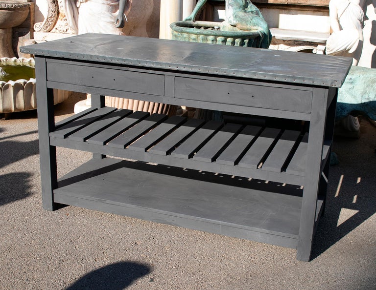 1950s Spanish Two-Drawer Industrial Shelved Wooden Table with Metal ...