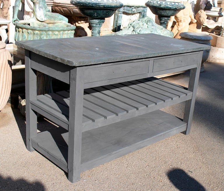 1950s Spanish Two-Drawer Industrial Shelved Wooden Table with Metal ...