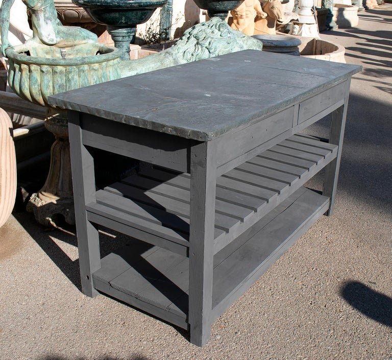 1950s Spanish Two-Drawer Industrial Shelved Wooden Table with Metal ...