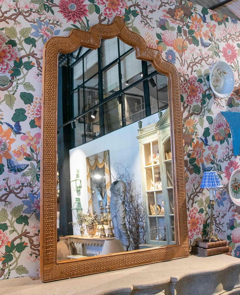 1950s Spanish Wall Mirror with Wooden Frame and Wicker Decoration For ...