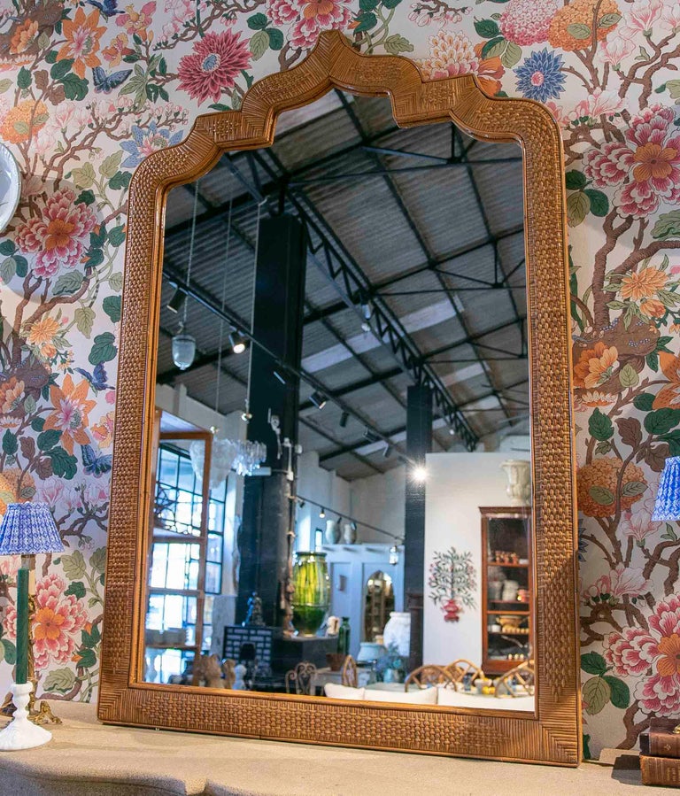 1950s Spanish Wall Mirror with Wooden Frame and Wicker Decoration For ...