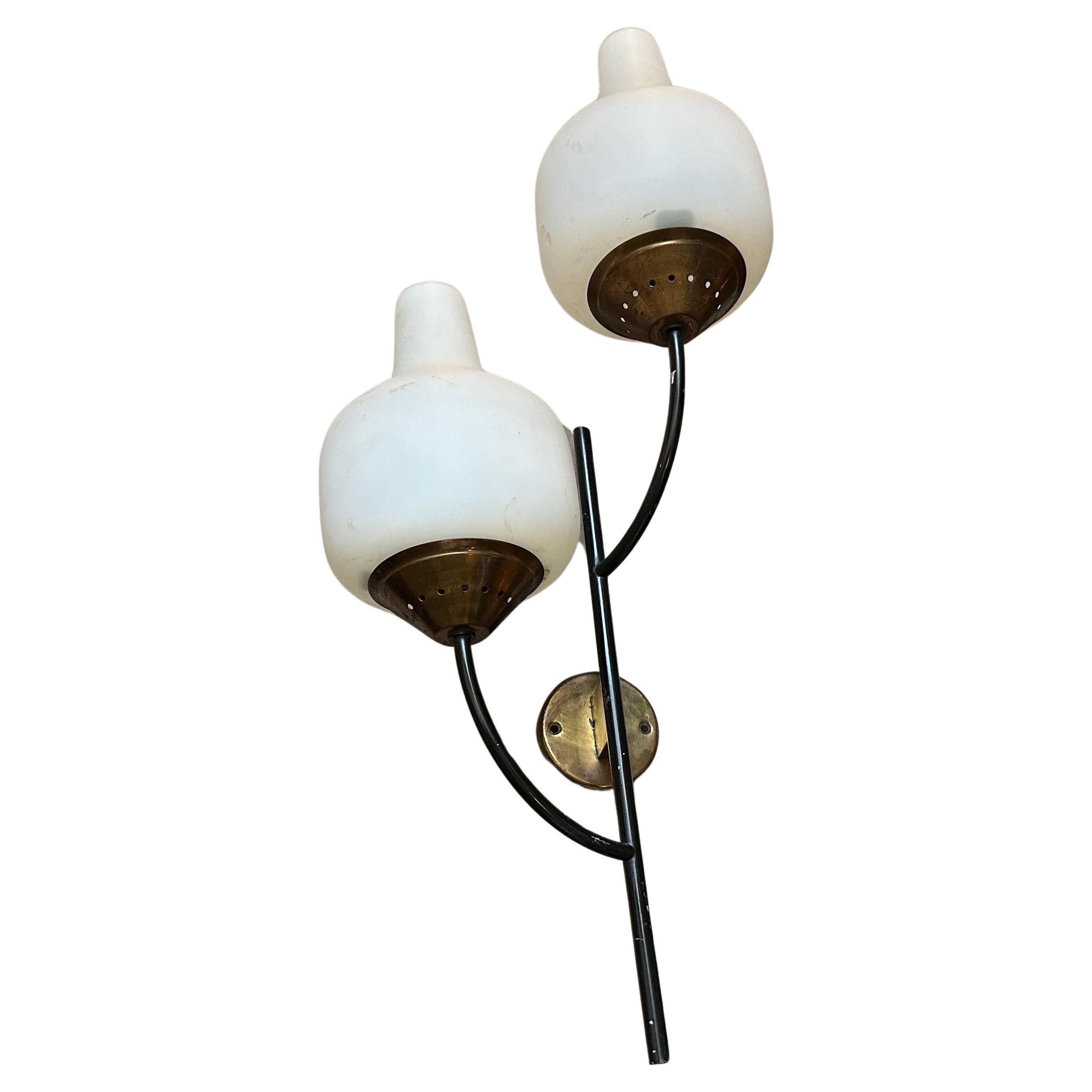 1950s Stilnovo Mid-Century Modern Brass and White Glass Italian Wall ...
