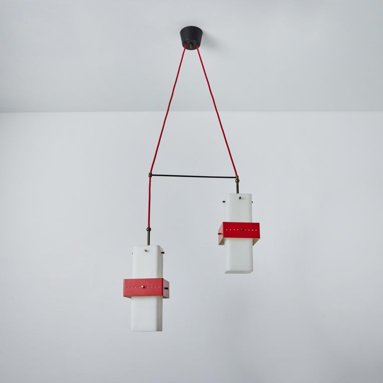 1950s Stilnovo Red Metal and Opaline Glass Suspension Lamp For Sale at ...