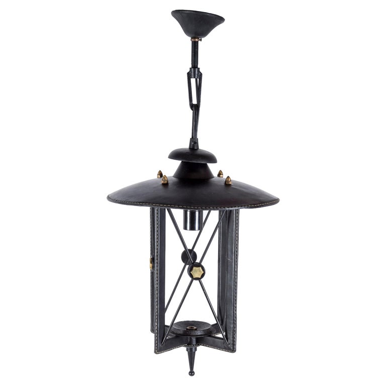 1950's Stitched Leather Lantern by Jacques Adnet For Sale at 1stDibs
