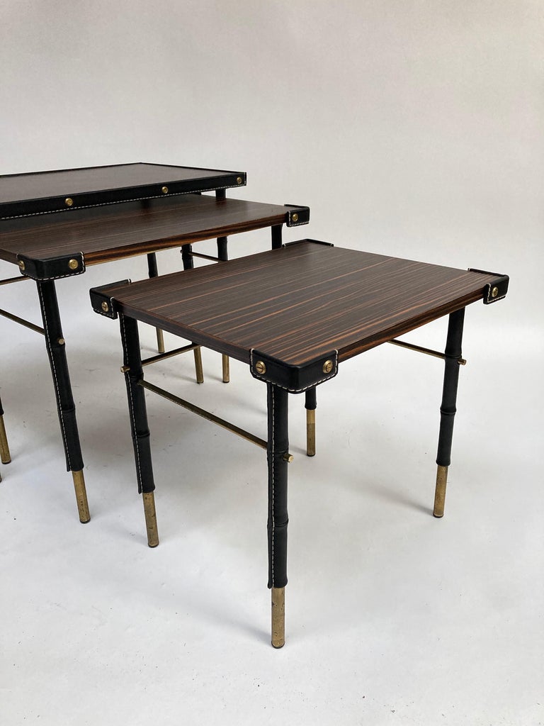 1950's Stitched Leather Nesting Tables by Jacques Adnet For Sale at 1stDibs