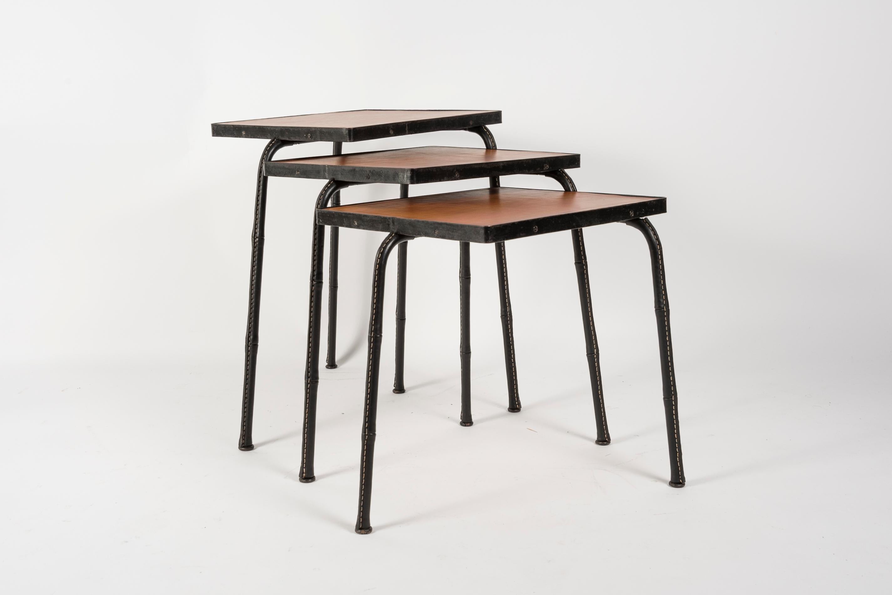 1950's Stitched Leather Nesting Tables by Jacques Adnet at 1stDibs ...
