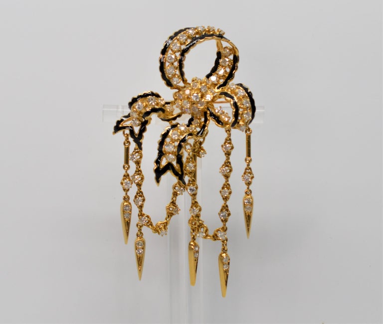 1950's Style 18K Yellow Gold Ribbon Brooch w Diamonds and Black Enamel ...