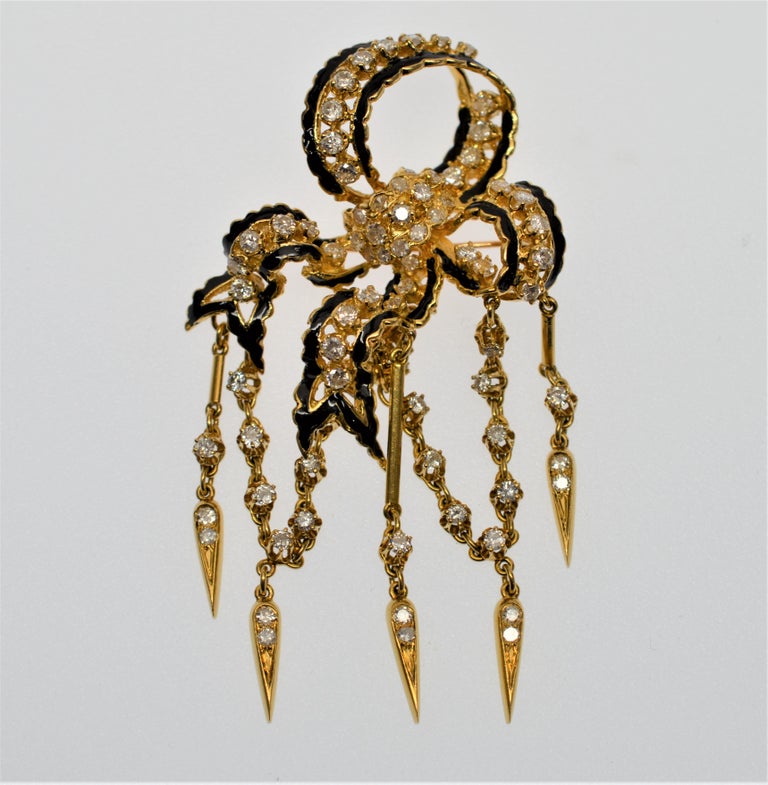 1950's Style 18K Yellow Gold Ribbon Brooch w Diamonds and Black Enamel ...
