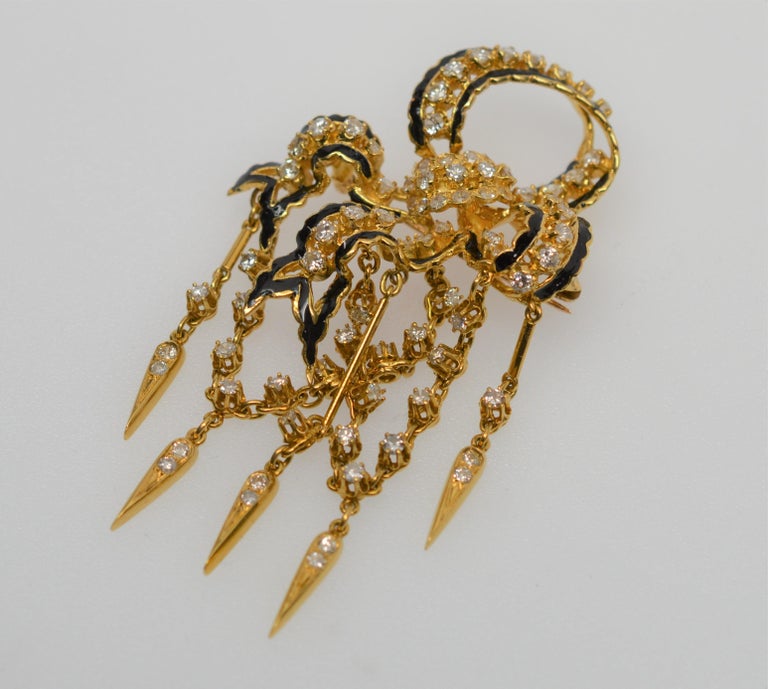 1950's Style 18K Yellow Gold Ribbon Brooch w Diamonds and Black Enamel ...