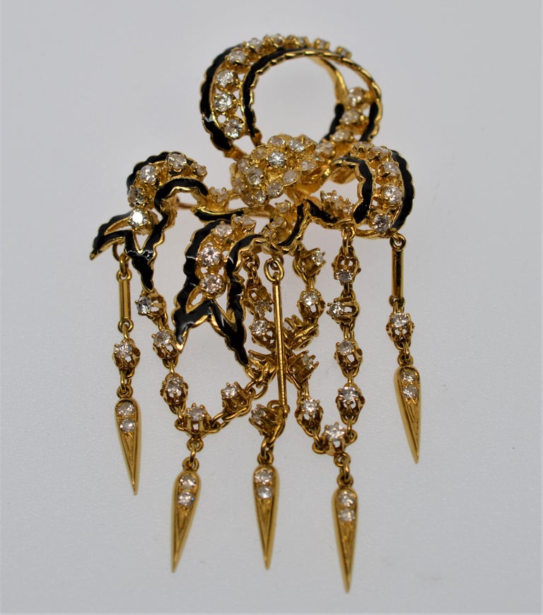 1950's Style 18K Yellow Gold Ribbon Brooch w Diamonds and Black Enamel ...