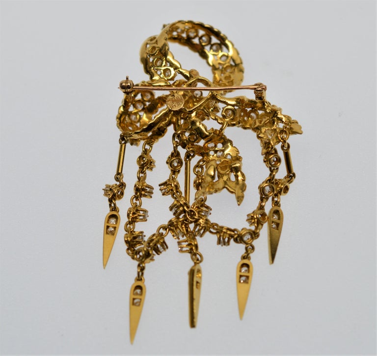 1950's Style 18K Yellow Gold Ribbon Brooch w Diamonds and Black Enamel ...