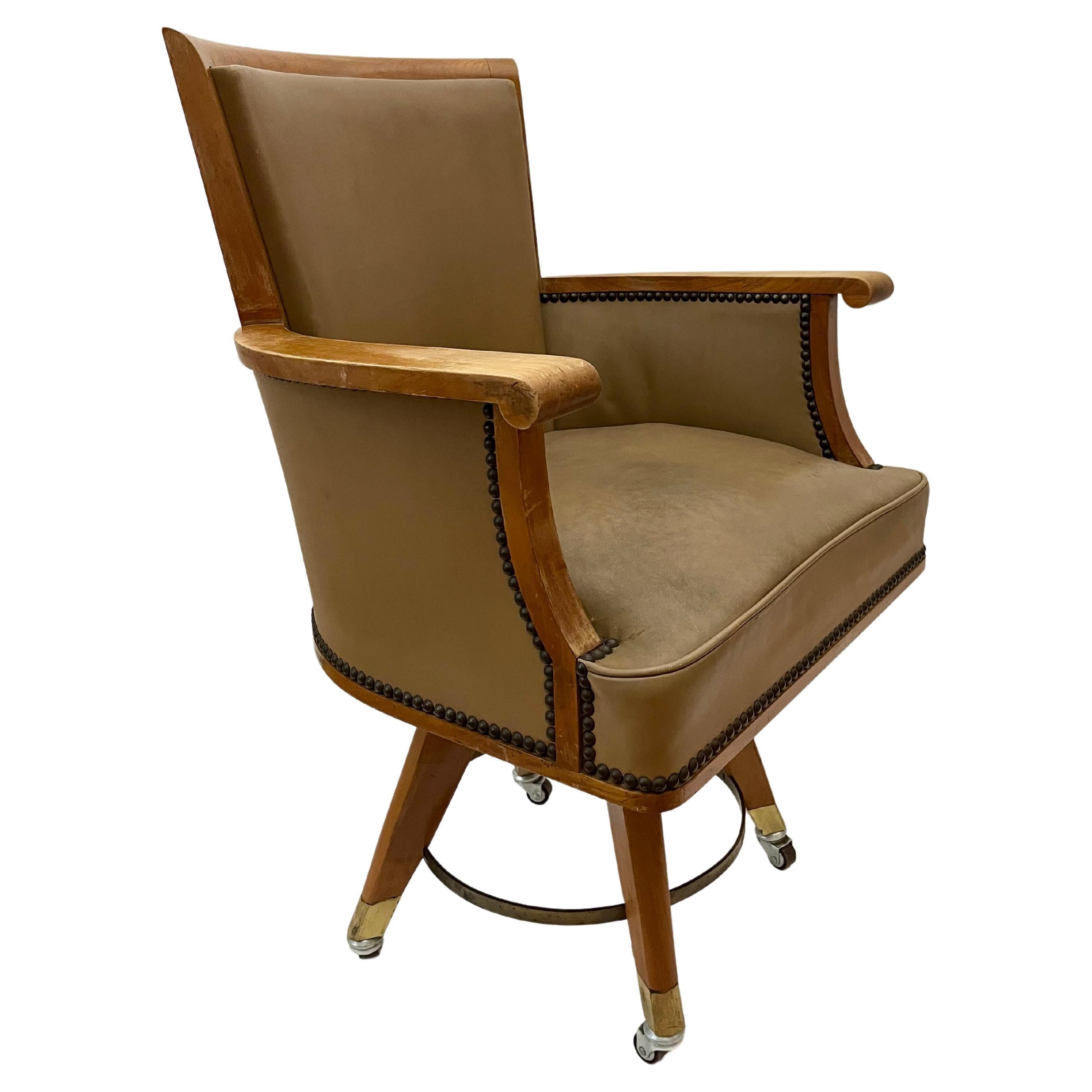 1950s swivel office chair in cherry wood and leather attributed to ...
