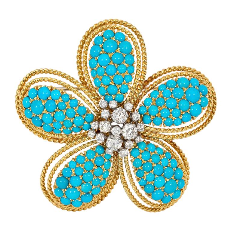 Jumbo Gold Turquoise Coral And Pearl Bow Brooch at 1stDibs