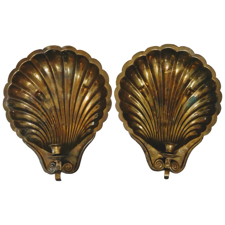 1950s Vintage Brass Clam Shell Sconces, a Pair For Sale at 1stDibs