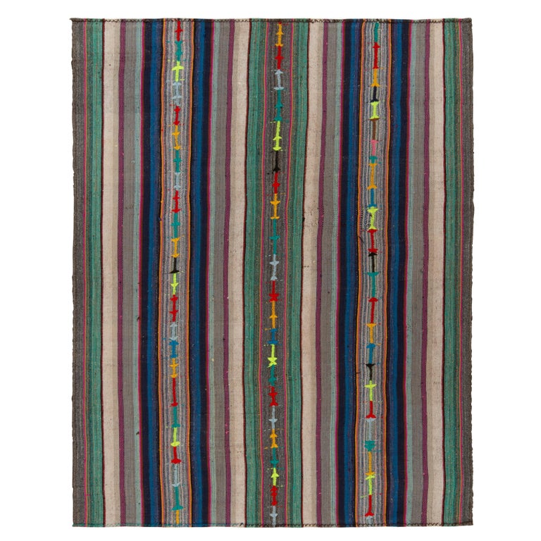 1950s Vintage Kilim in Blue-Green, Polychromatic Stripe Pattern by Rug ...