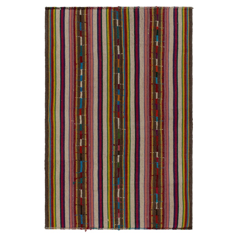 1950s Vintage Chaput Kilim Style in Multicolor Stripes, Hues by Rug and ...