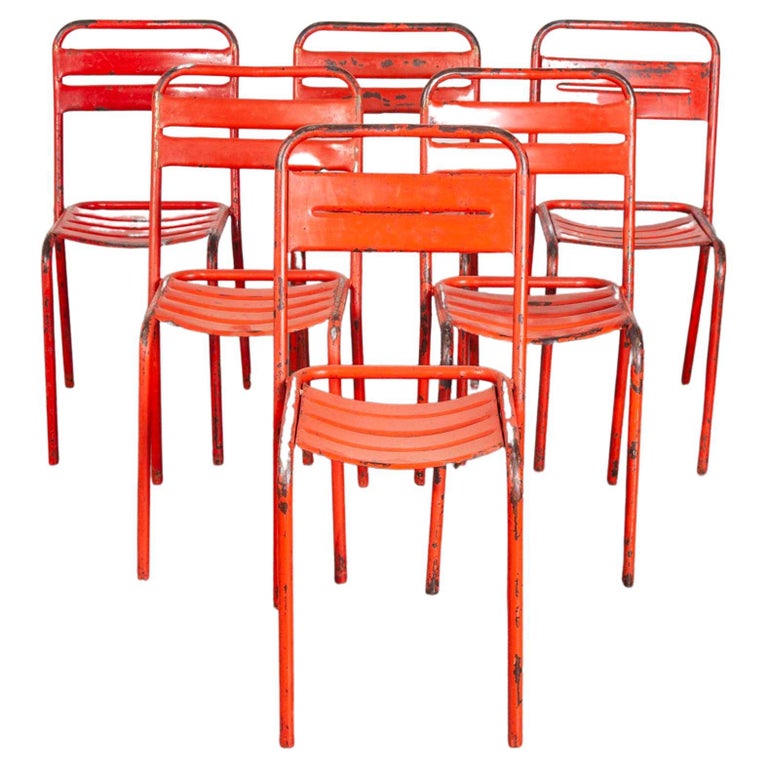 1950’s Vintage Original French Red Tolix Metal Café Dining Chairs, Set ...