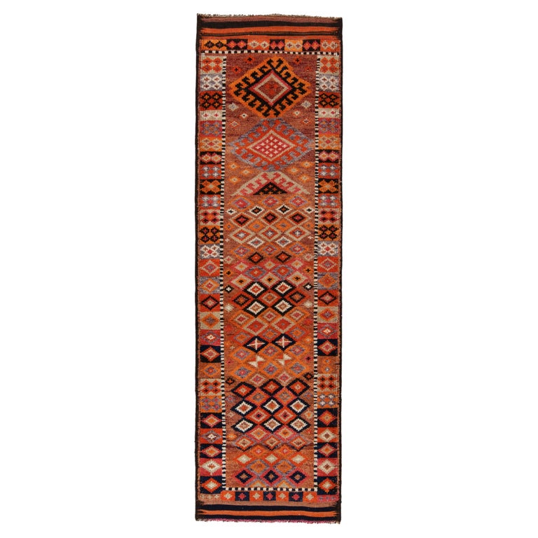 1950s Vintage Tribal Runner in Orange Multihued Geometric Pattern by ...