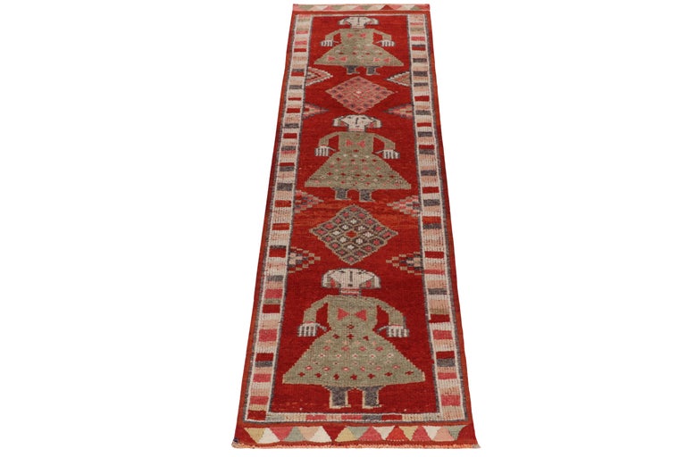 1950s Vintage Tribal Runner in Red, Green and Pictorial Figures by Rug ...