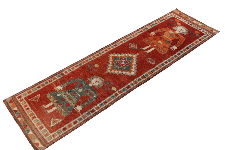 1950s Vintage Tribal Runner in Red, Orange Pictorial Figures by Rug and ...