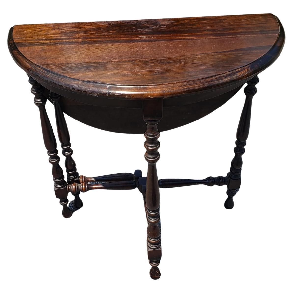 1950s Vintage Walnut Demilune Drop Leaf Console Table Side Table at 1stDibs