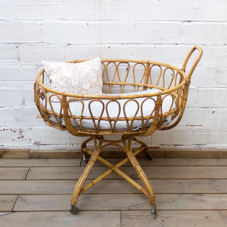 1950s Vintage Wicker Baby Cradle on Wheels at 1stDibs | vintage baby ...