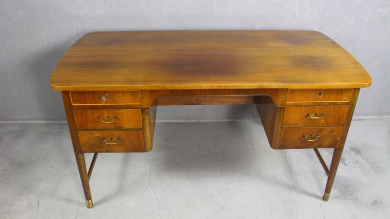 1950s Walnut Writting Desk with Brass For Sale at 1stDibs