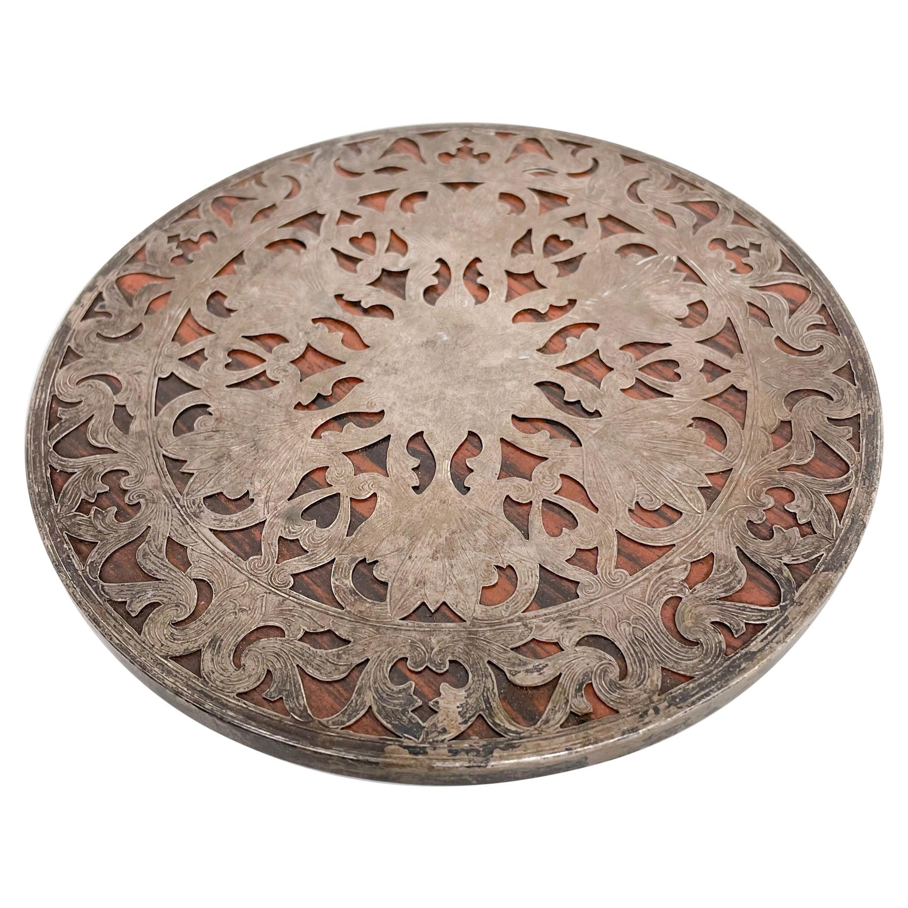 1950s Web Sterling Silver Embellished Trivet Plate + Macassar Ebony and ...