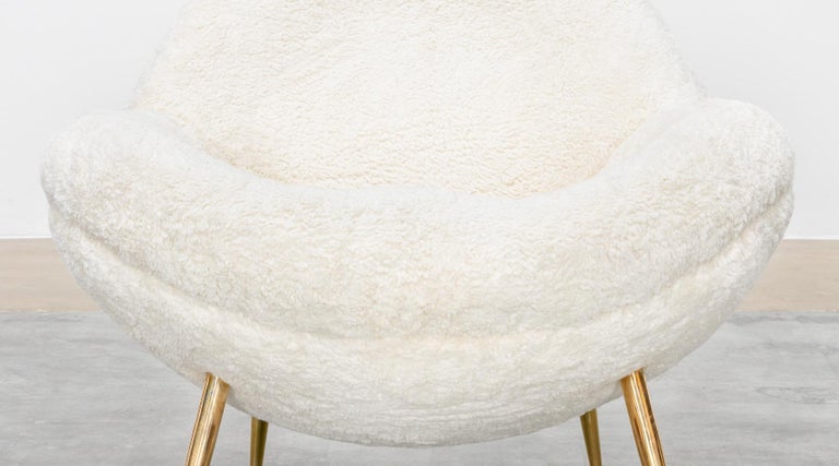 1950s White Faux Fur on Brass Legs Single Lounge Chair by Fritz Neth 'b ...
