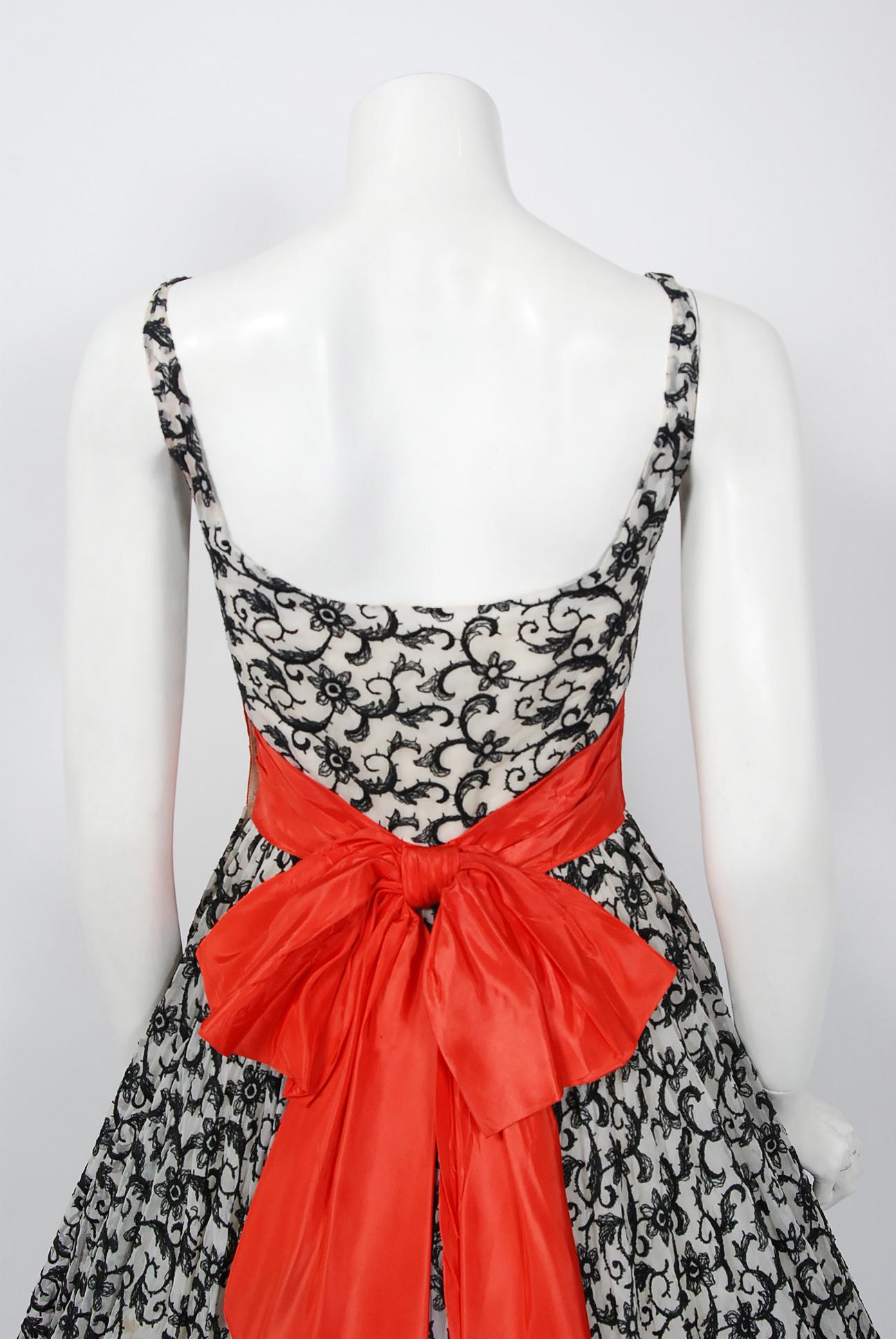 Vintage 1950's Will Steinman Embroidered Ivory Chiffon Sash-Bow Full ...