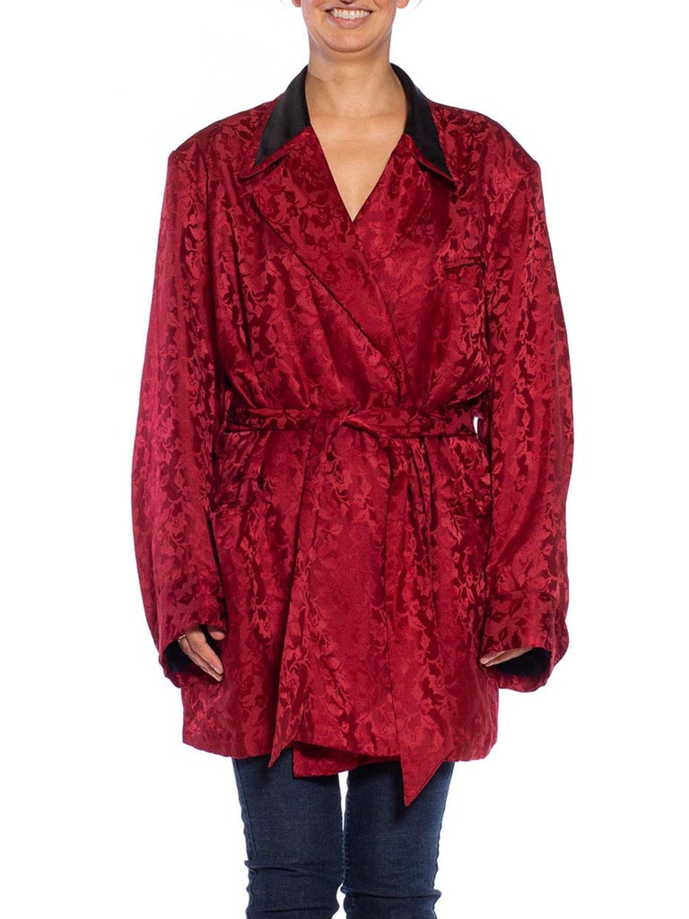 1950S Wine and Navy Blue Silk Jacquard Robe For Sale at 1stDibs