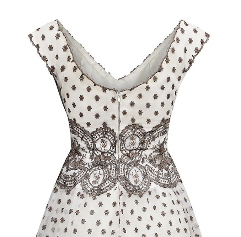 1950s Worth Couture Ivory And Fawn Lace Net Dress With Petticoat at 1stDibs