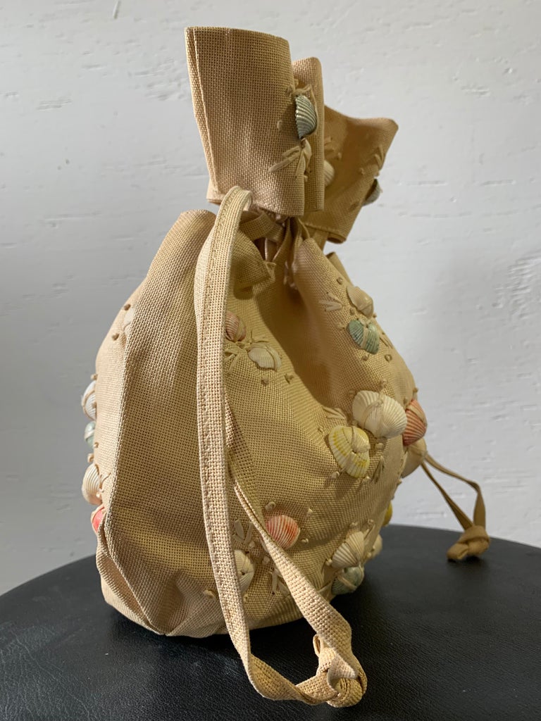 1950s Woven Panama Straw Drawstring Pouch Purse W/ Pastel Seashell ...