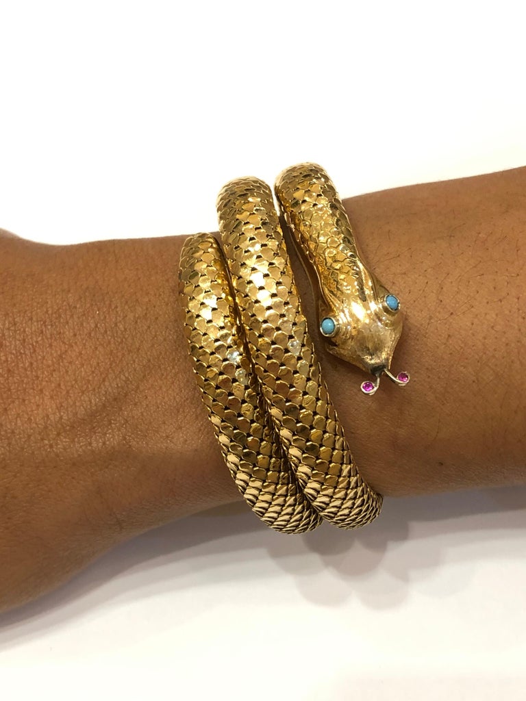 1950s, 18k Yellow Gold Snake Serpent Flexible Bangle Bracelet For Sale ...