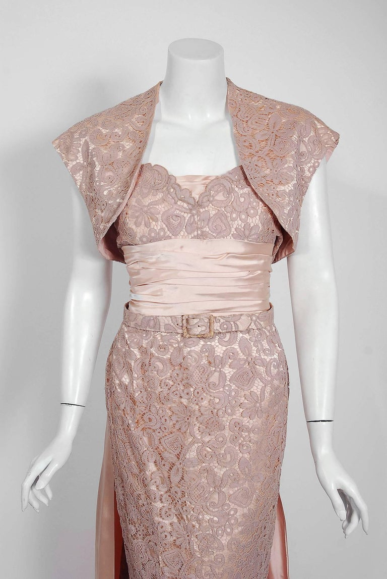 Vintage 1952 Pierre Balmain Couture Pale-Pink Silk Lace Strapless ...