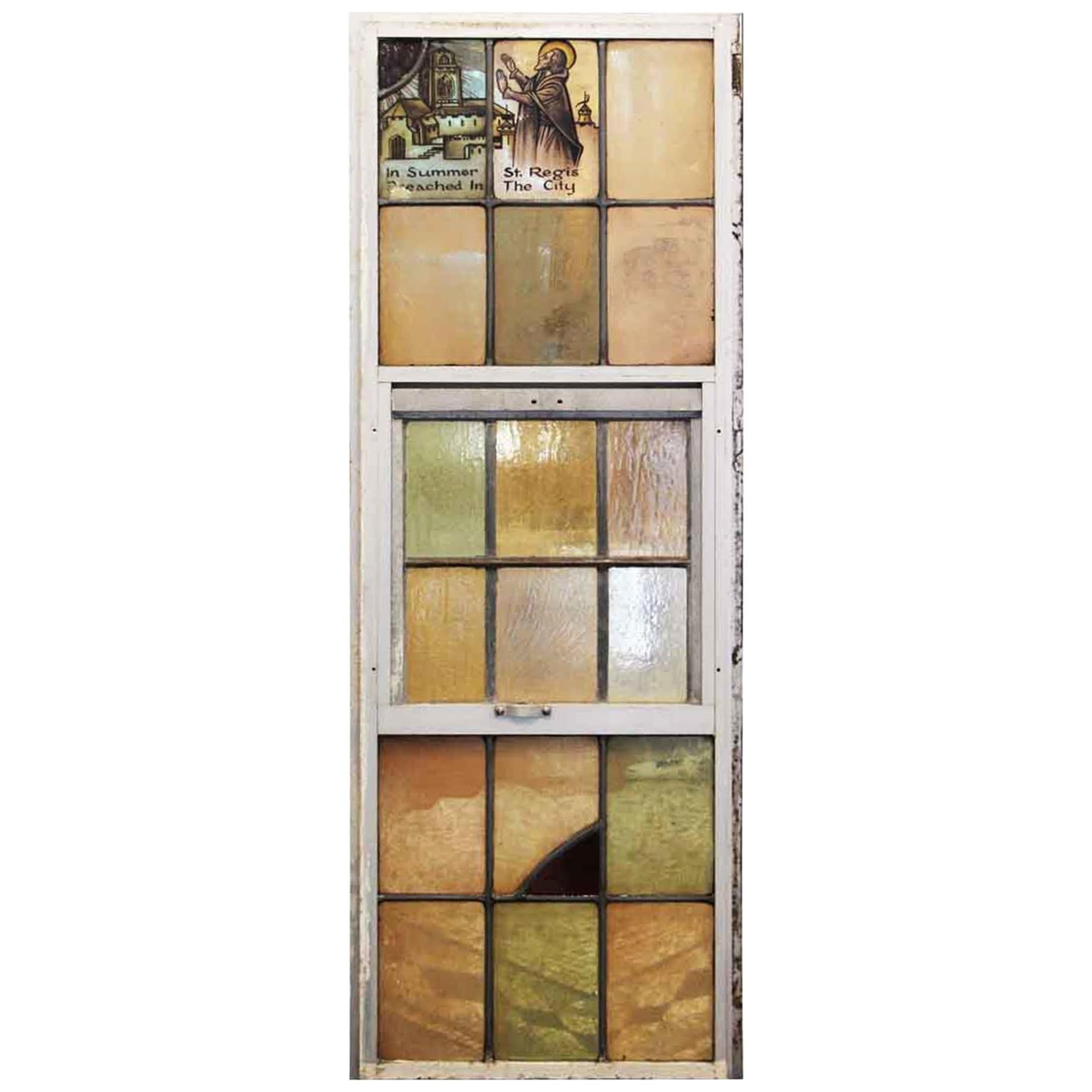 1950s Antique Stained Glass Window with Aluminum Frame Done in Blue and ...
