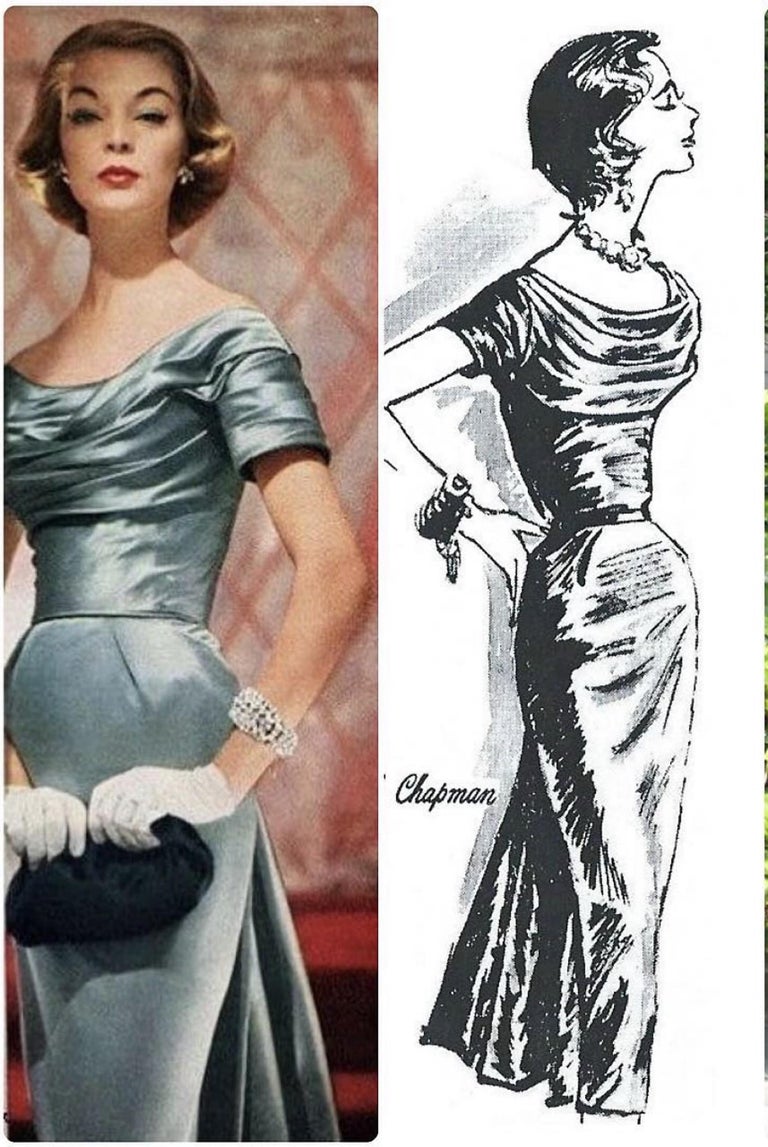 1955 Ceil Chapman Documented Steel-Blue Ruched Satin Fishtail Cocktail ...