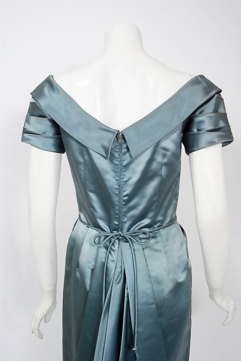 1955 Ceil Chapman Documented Steel-Blue Ruched Satin Fishtail Cocktail ...