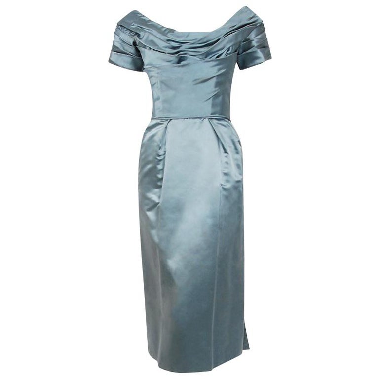 1955 Ceil Chapman Documented Steel-Blue Ruched Satin Fishtail Cocktail ...