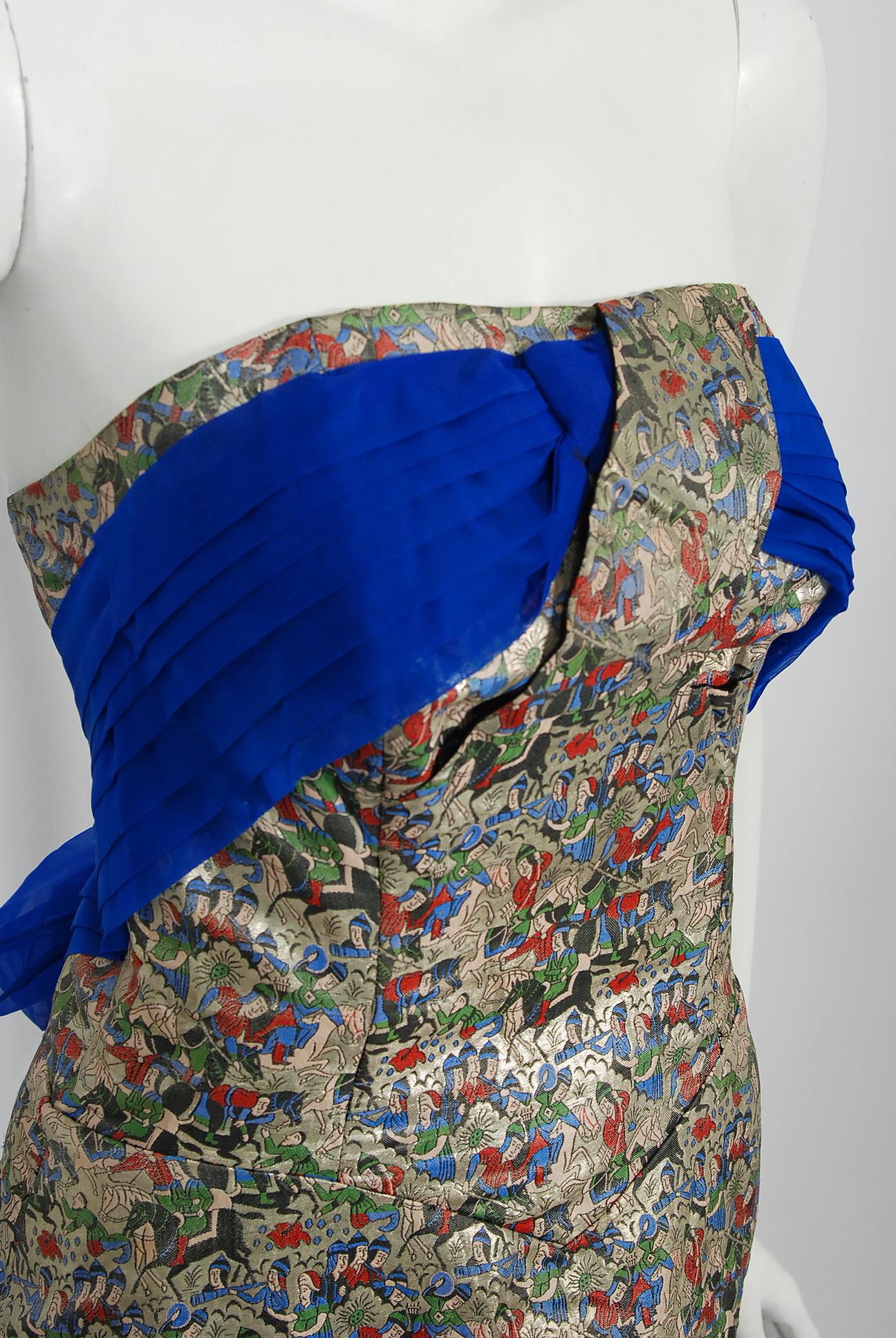 1955 Maxwell Shieff Couture Novelty Warrior-Print Lamé Strapless Dress ...
