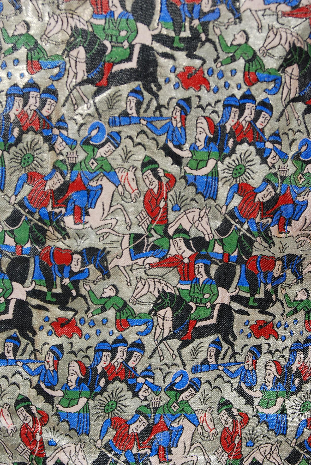 1955 Maxwell Shieff Couture Novelty Warrior-Print Lamé Strapless Dress ...