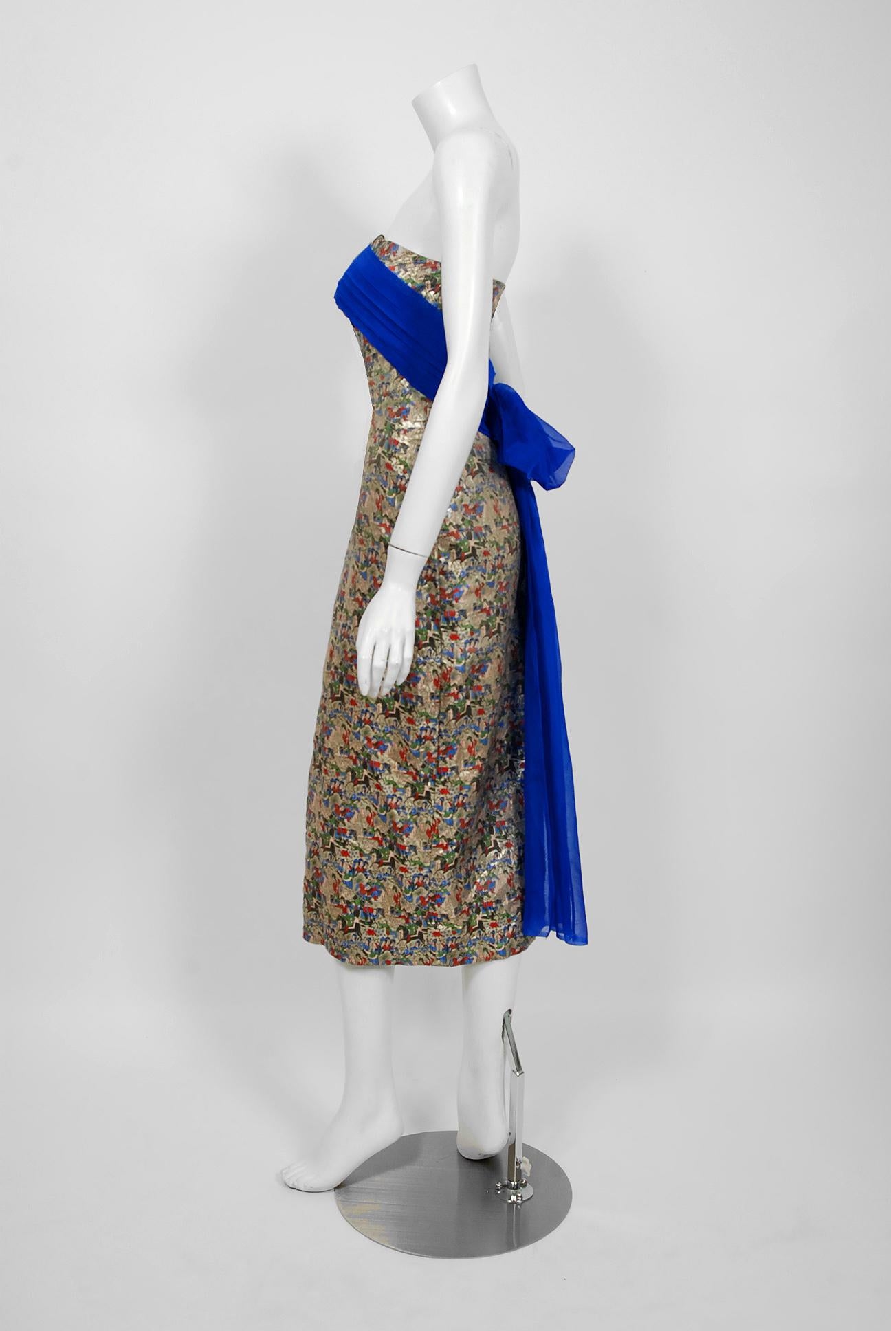 1955 Maxwell Shieff Couture Novelty Warrior-Print Lamé Strapless Dress ...