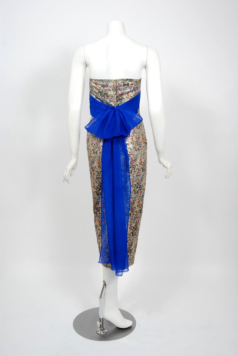 1955 Maxwell Shieff Couture Novelty Warrior-Print Lamé Strapless Dress ...