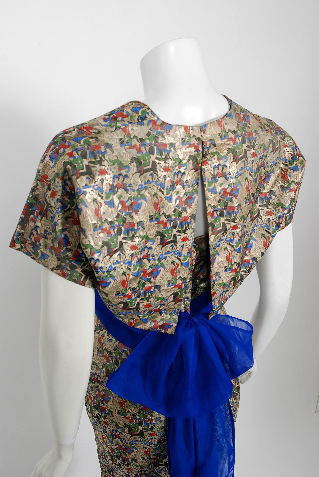 1955 Maxwell Shieff Couture Novelty Warrior-Print Lamé Strapless Dress ...