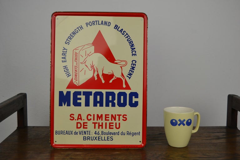 1956 Tin Advertising Sign with Bull for Metaroc Cement Building ...