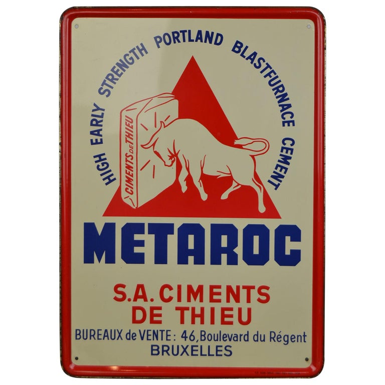 1956 Tin Advertising Sign with Bull for Metaroc Cement Building ...